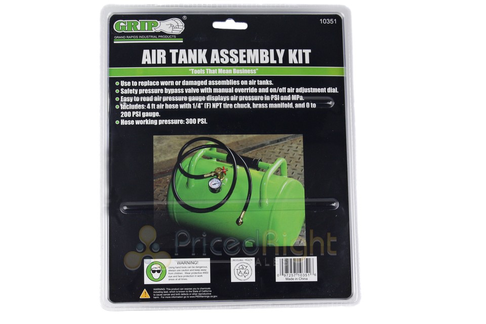 Air Tank Assembly Kit 4 ft Hose 0-200 PSI Gauge 1/4" NPT Tire Chuck ...