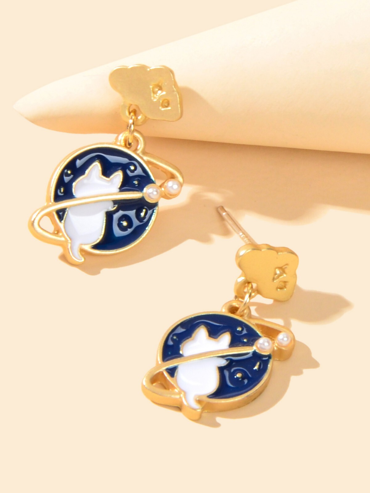 Cartoon Design Cloud White Cat Blue Enamel Planet Stud Pierced Dainty ...