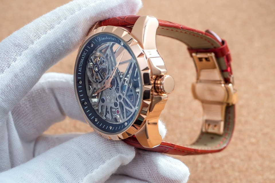 Mens Automatic Mechanical Watch - Rose Gold Black Dial Red Leather ...