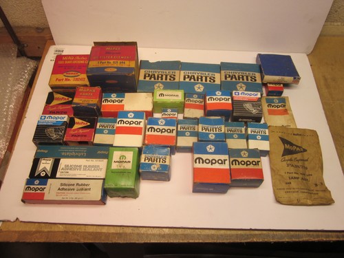 33 ASSORTED MOPAR PARTS BOXES DODGE PLYMOUTH CHRYSLER 1940 1950'S 1960 ...
