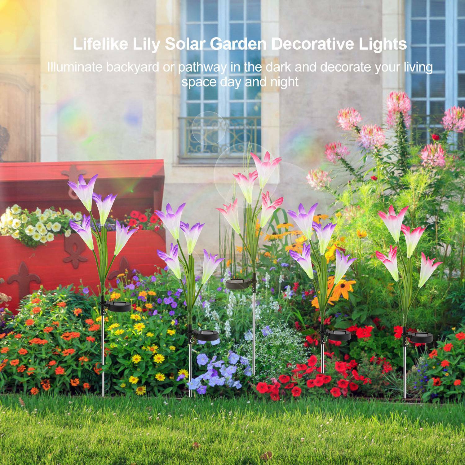 2PCS Solar Lily Flower Garden Lights LED Outdoor Pathway Yard Decor ...