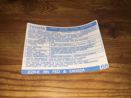 1985 Toyota Pickup Truck/4runner Emissions Decal Repro Sticker Fed Can ...