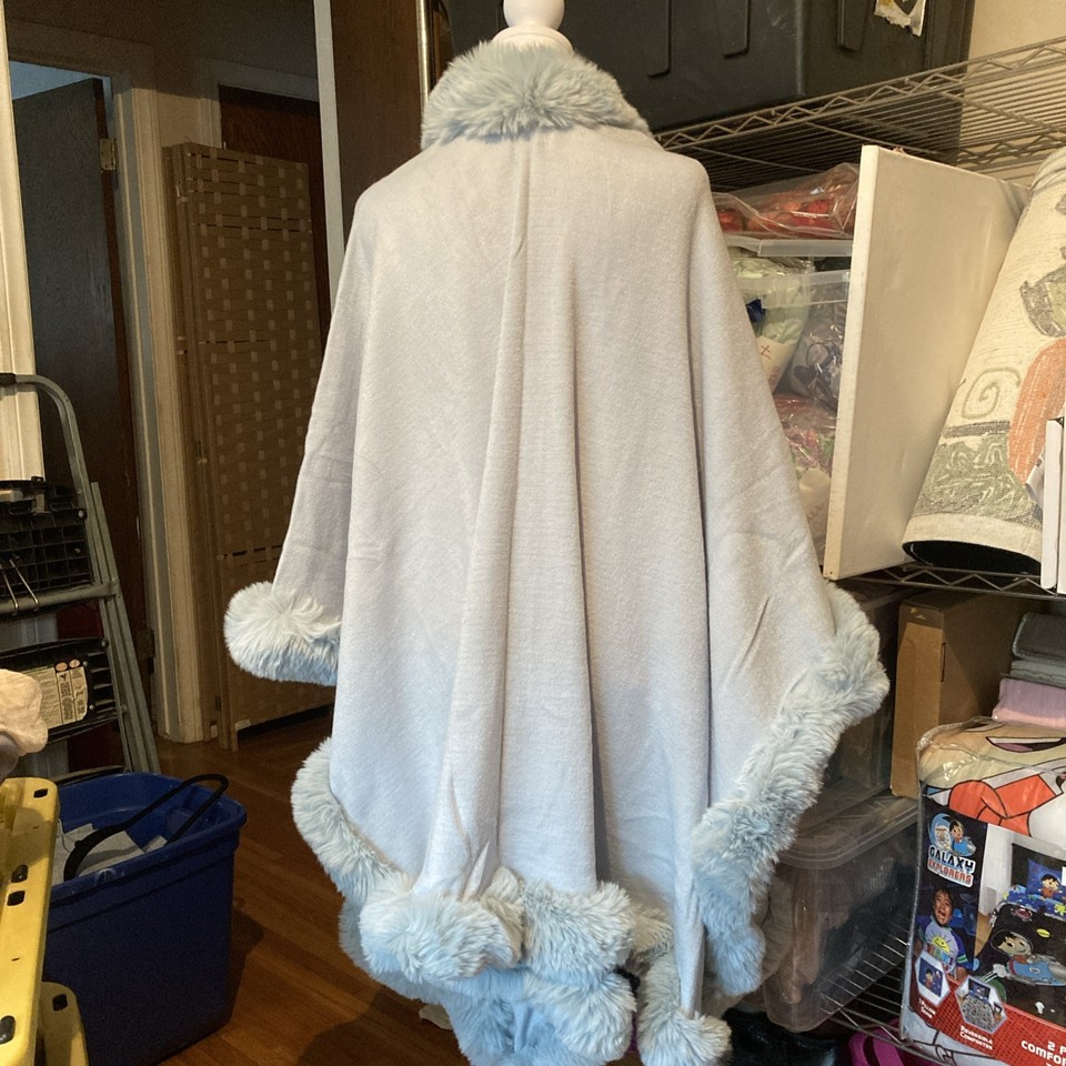 Light Ice Blue Ruana Cape With Faux Fur Trim Fits All Sizes up to 3X | eBay