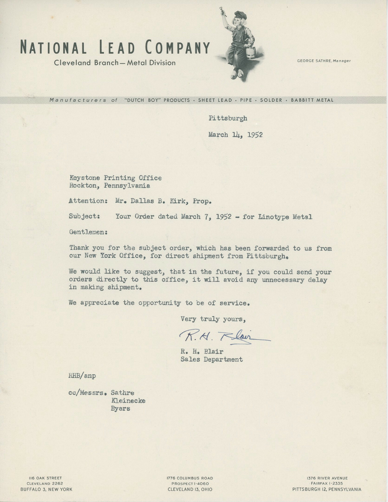 1952 National Lead Co. Letterhead Cleveland Ohio Dutch Boy Logo Paint ...