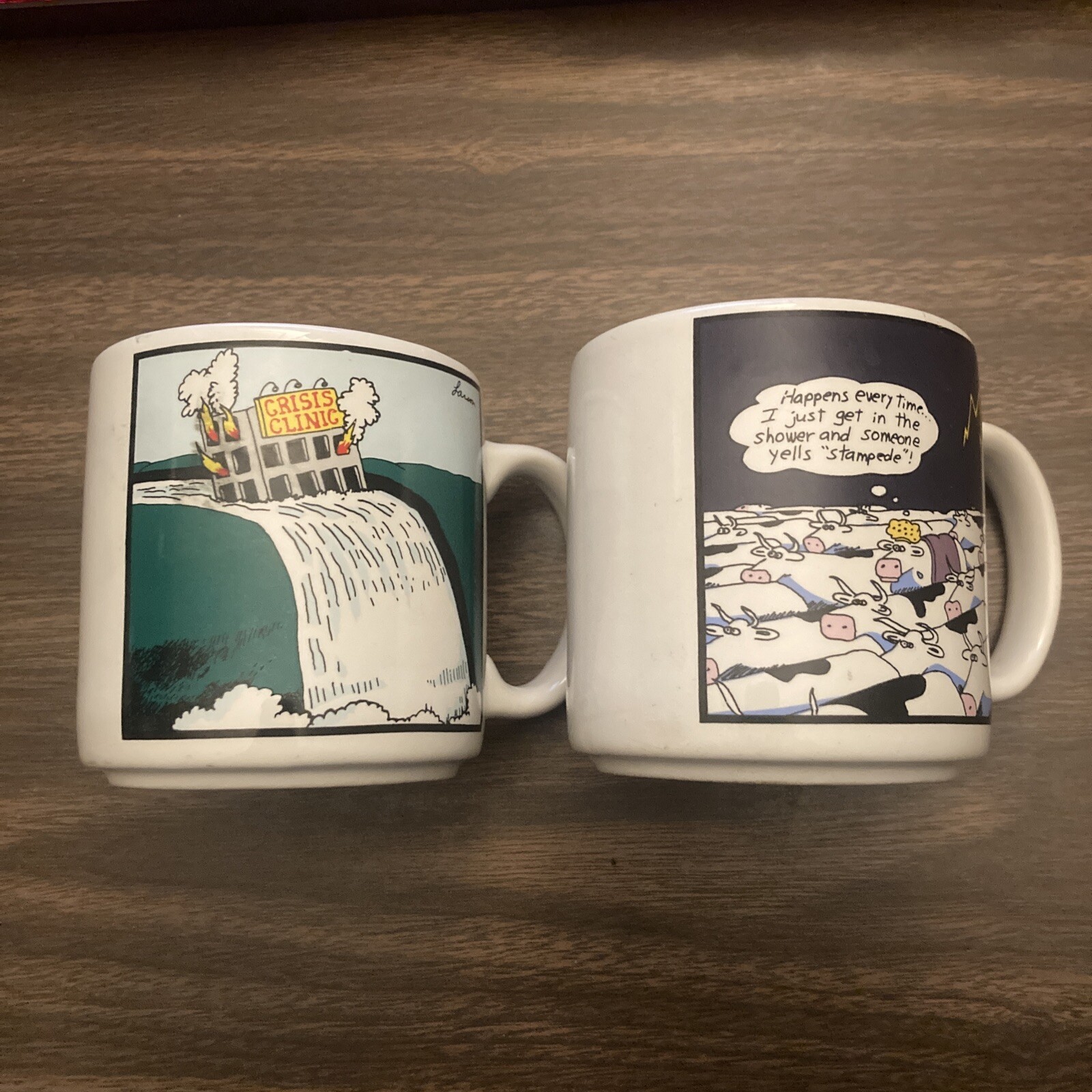 1986 Far Side Gary Larson Mug Cow Stampede Lot of 2 Crisis Clinic 1982 ...