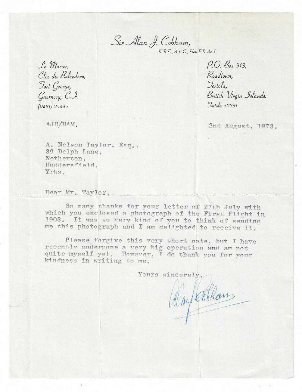 Sir Alan Cobham Typed Letter Signed / Autographed 1973 Aviation Pioneer ...