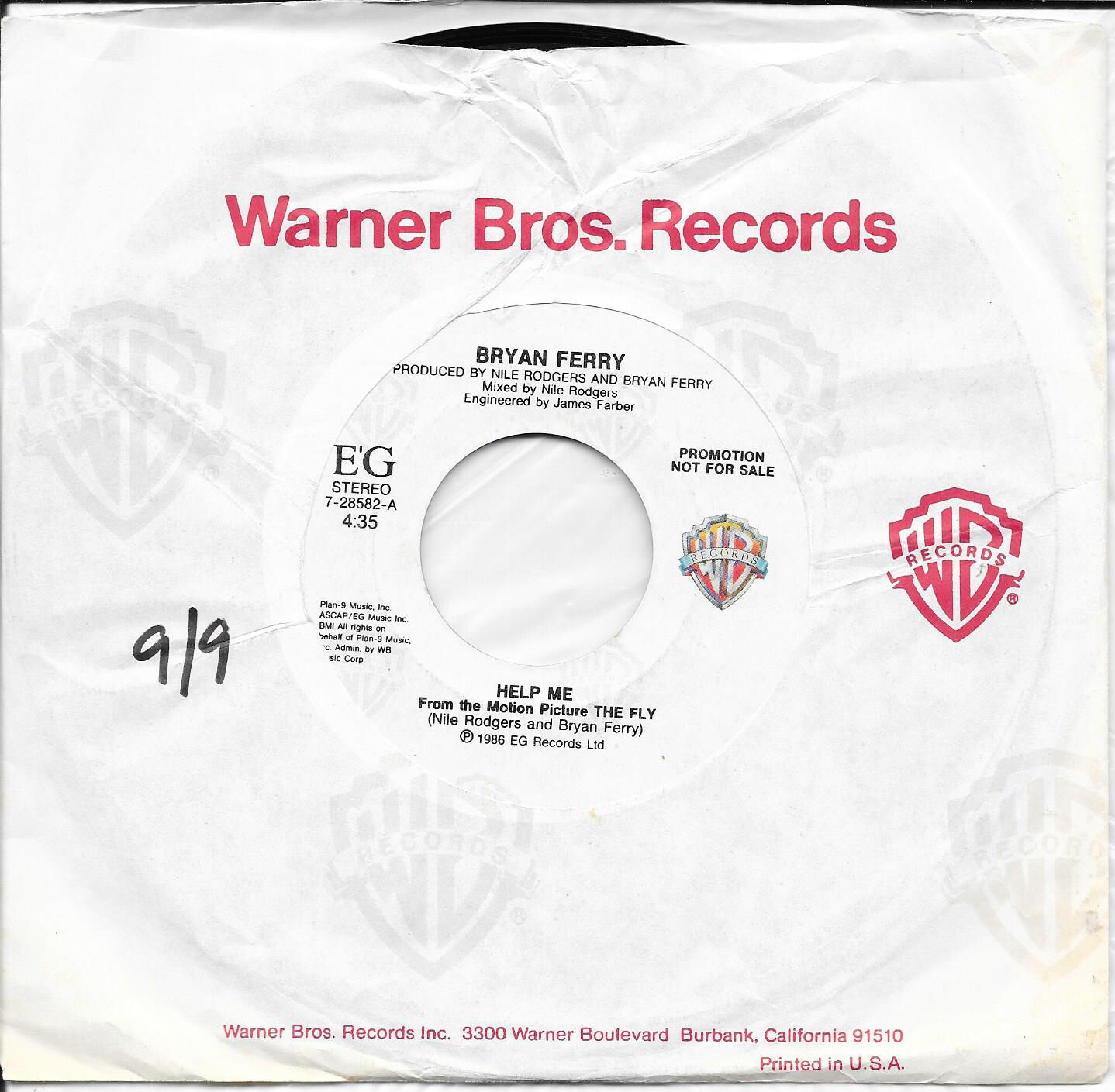 Bryan Ferry Help Me from the motion picture The Fly promo 45 rpm record ...