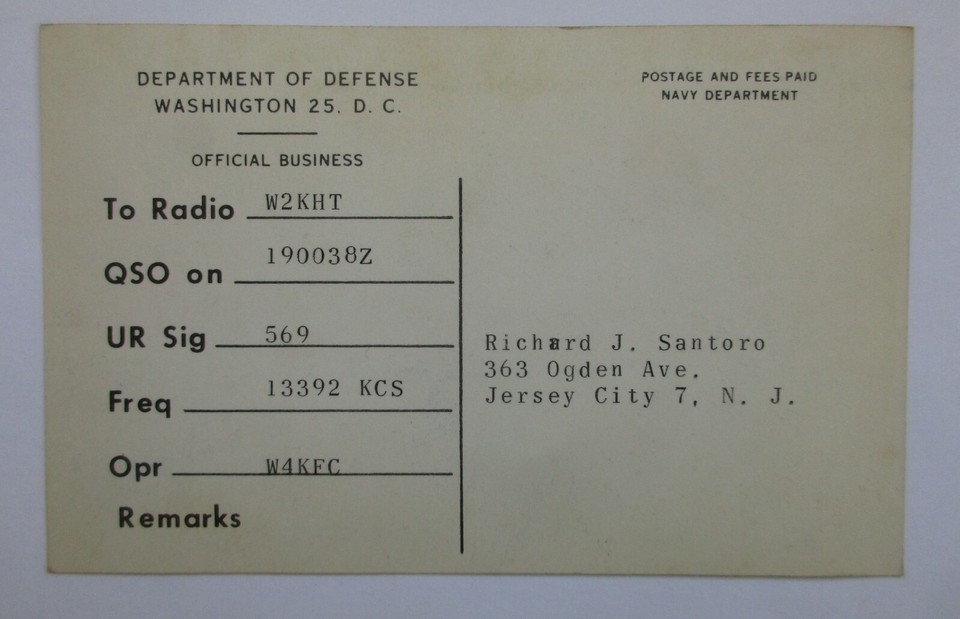 1963 NSS QSL – U.S. Naval Radio Station W4KFC Operator | eBay