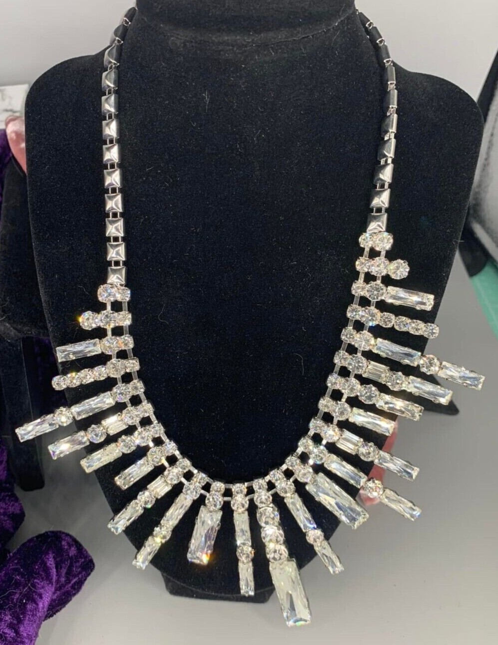 VTG silver tone rhinestone draped collar strands statement 17 necklace ...