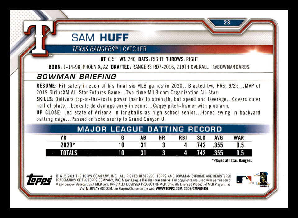 2021 Bowman Sam Huff RC Rookie Texas Rangers #23 Centered Mint | eBay