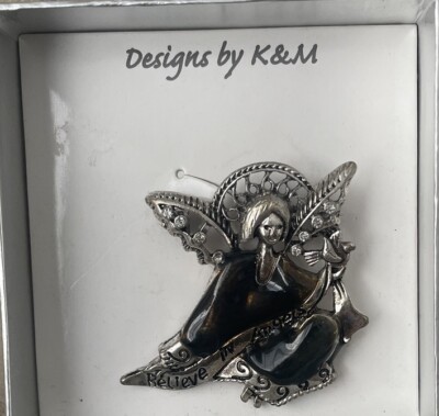 Vintage Angel Brooch Pin Silver Tone Rhinestone Blue Enamel Believe ...