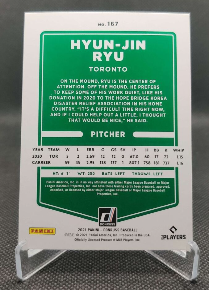 2021 Panini Donruss #167 Hyun-Jin Ryu Toronto Blue Jays baseball card ...