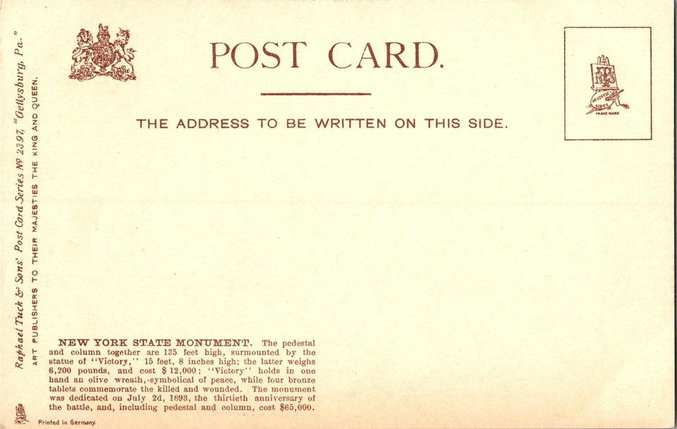 Tucks 2397 New York State Monument, Nat'l Cemetery Gettysburg PA ...
