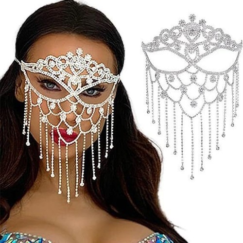 Women Rhinestone Face Mask Long Tassels Droplet Metal Head Chain Show ...