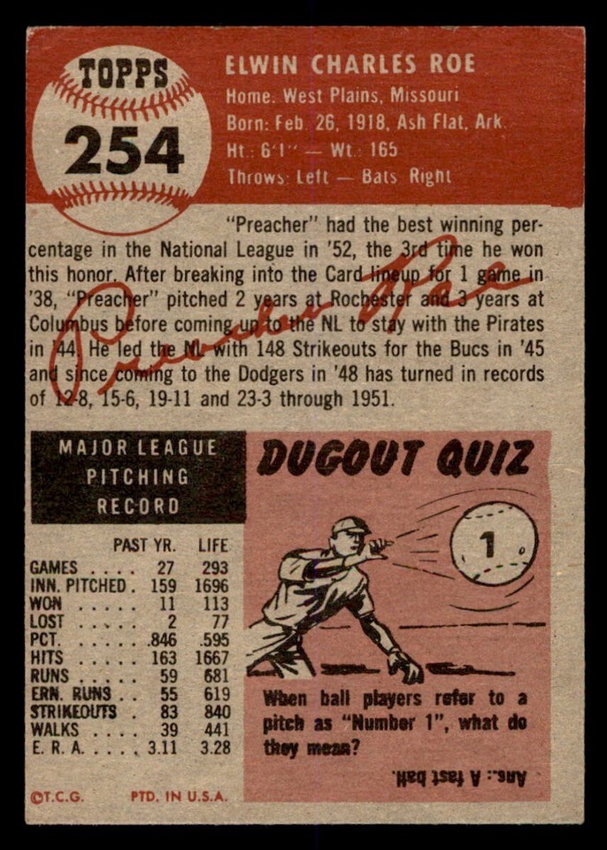 1953 Topps Baseball #254 Preacher Roe VG/EX *f2 | eBay