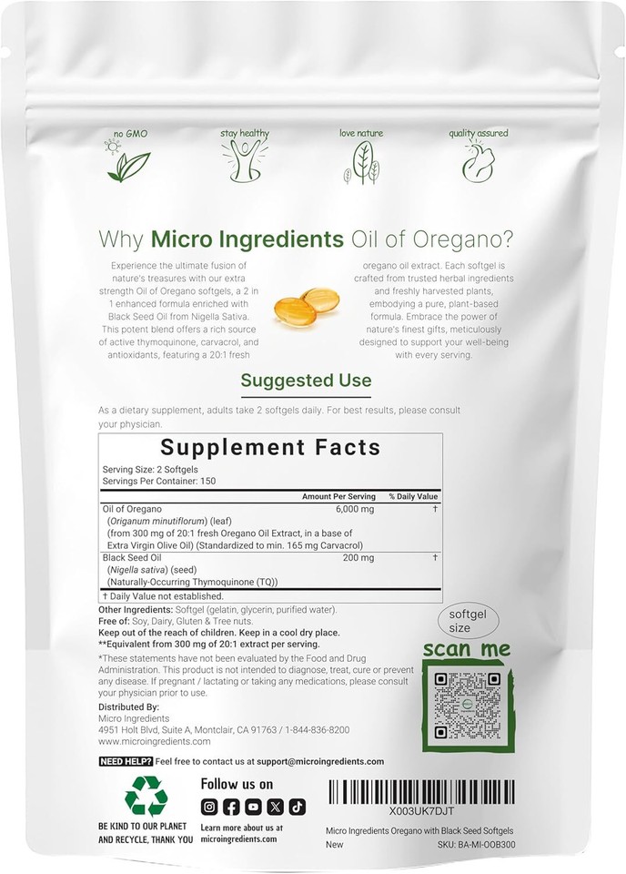 Micro Ingredients Oil of Oregano Softgels 6000mg Per Serving, 300 Count ...
