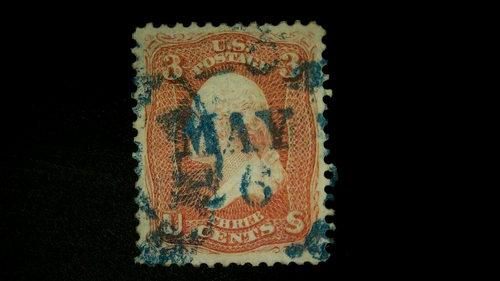 U S Stamps Scott 65b three cent Washington laid paper blue cancel cv ...