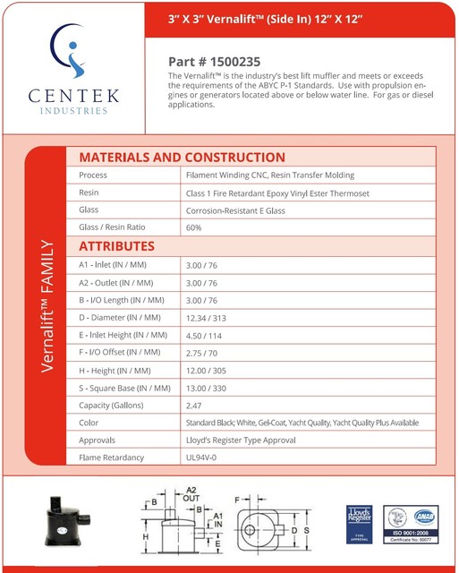 Centek 1500235 3" VERNALIFT Side in / Top out Fiberglass Muffler Marine ...