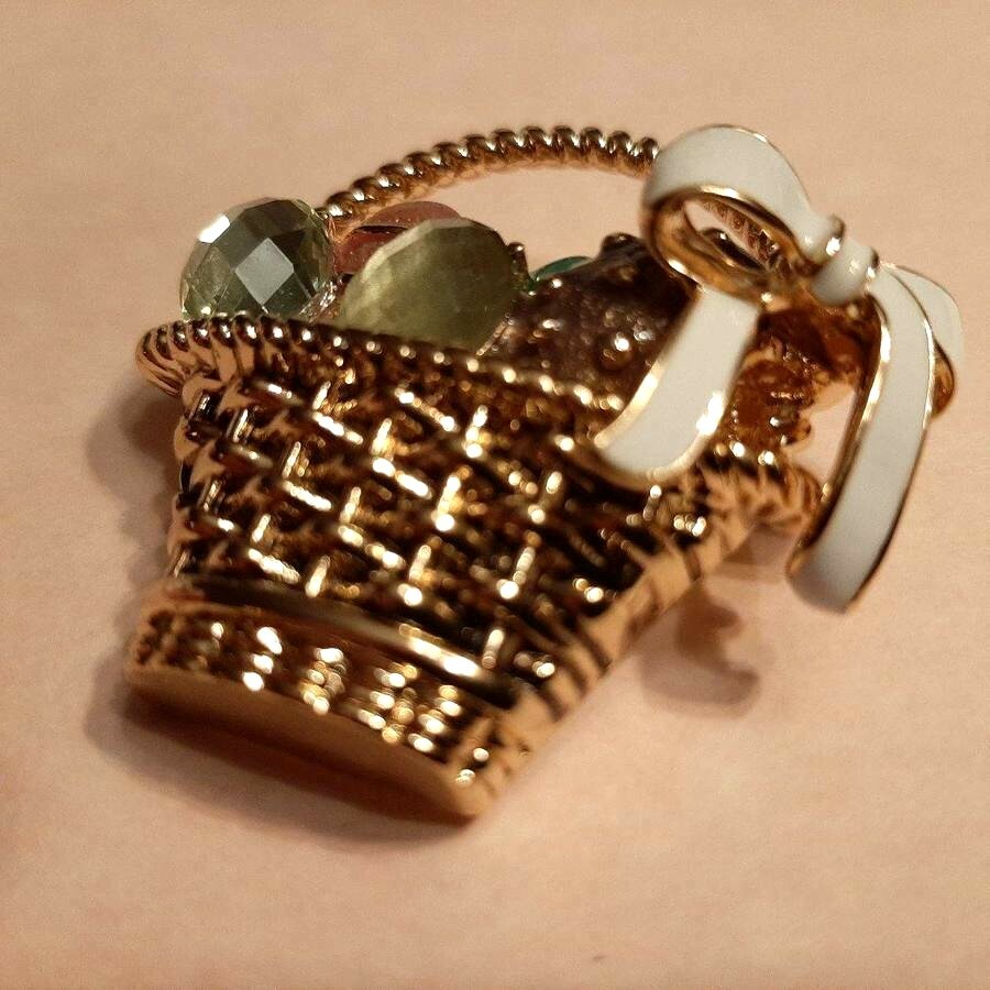 Napier Easter Basket Brooch Pin Gold Tone Jeweled Enameled Eggs Spring ...