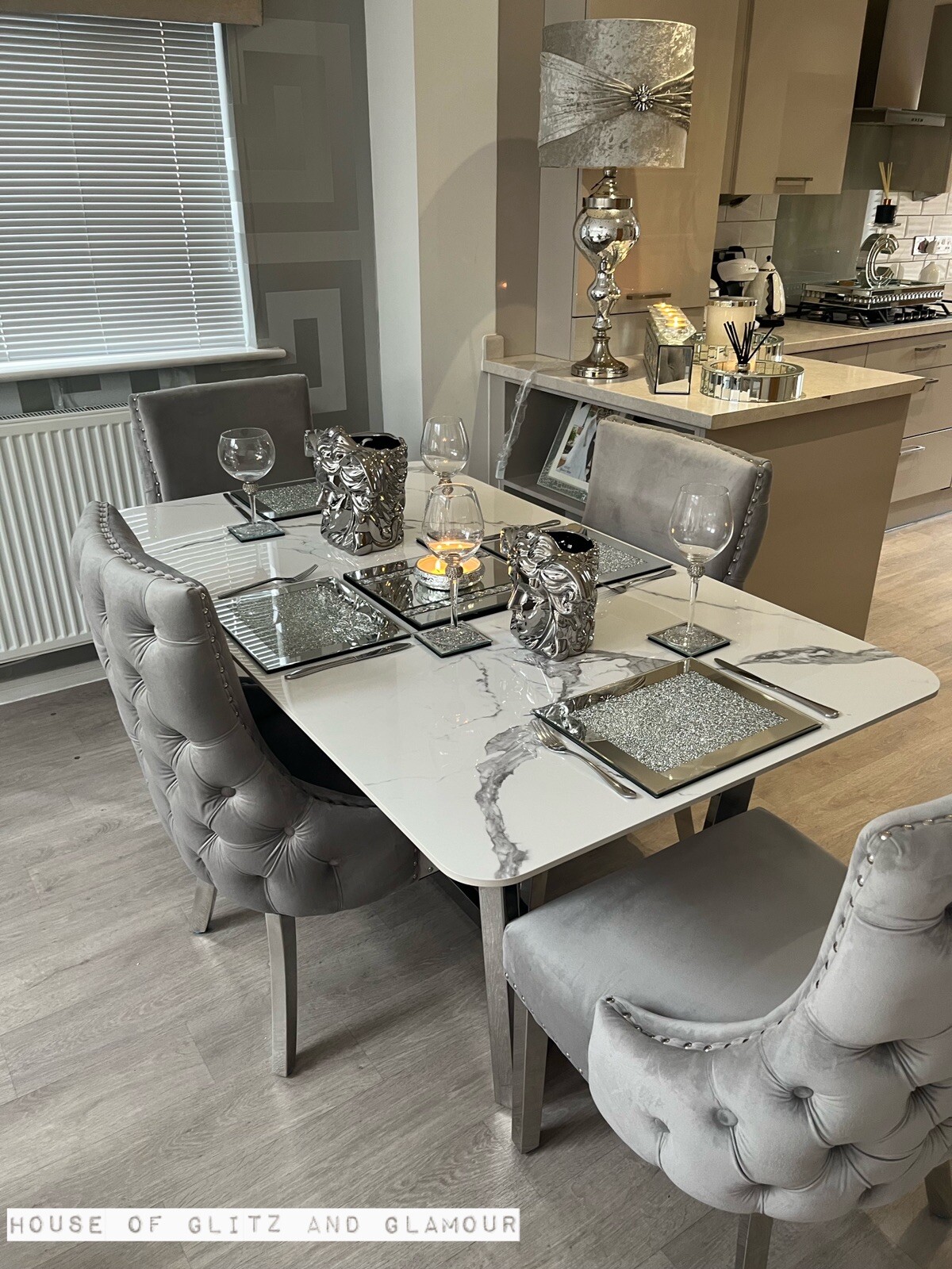 Dining Table 1.6m X 0.9m Luca White Grey Stone Set 4 Grey Velvet Tuft ...