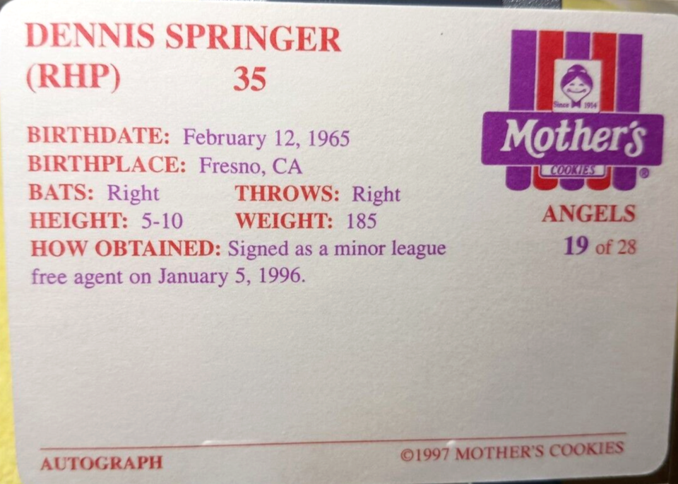 1997 Mothers Cookies Card of Dennis Springer (Angels) #19 (NM) Free ...