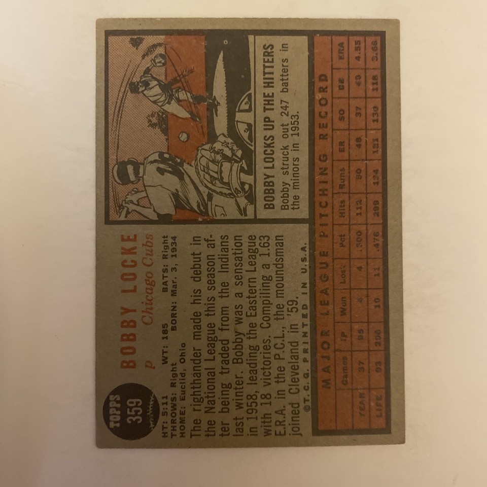 1962 Topps Baseball Bobby Locke Chicago Cubs Card #359 | eBay