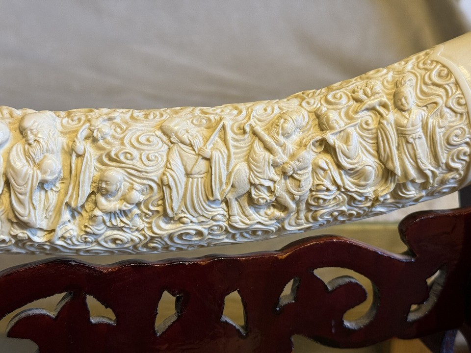 Ivory Tusk Carved Dragons,Monks W/ Stand. Faux Ivory Tusk - Immaculate ...