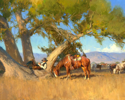 Cowboy resting under the tree Oil Painting Giclee Art Printed on canvas ...