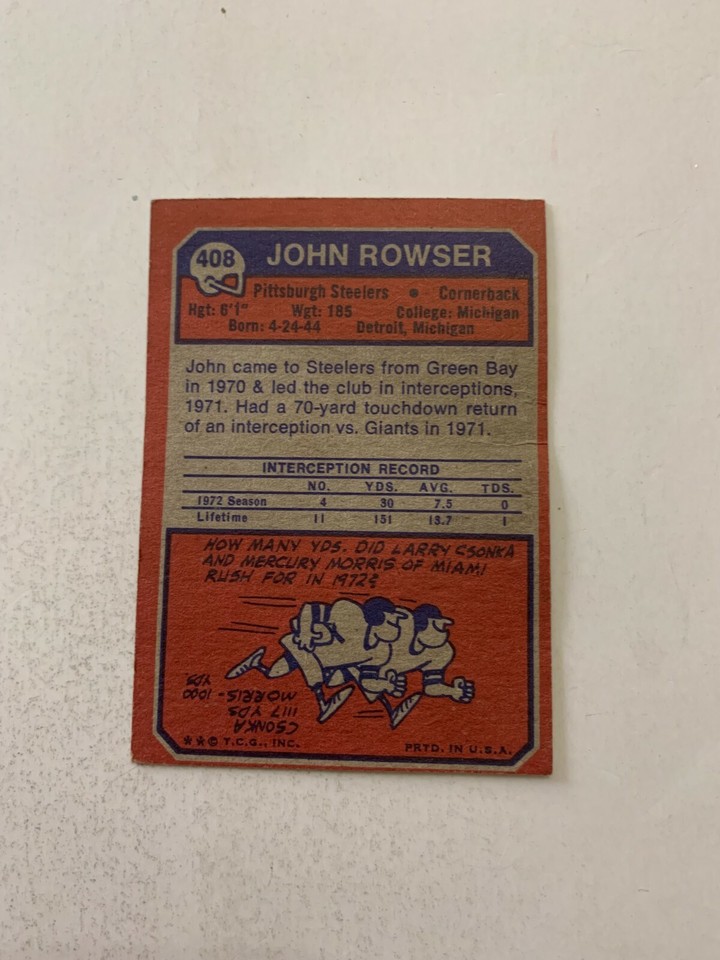 1973 Pittsburgh Steelers John Rowser 408 Topps Football Card | eBay