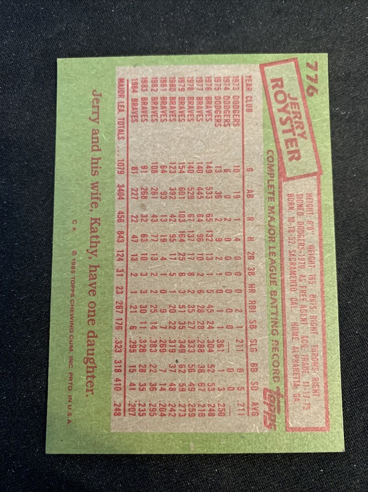 1985 Topps Baseball Card #776 Jerry Royster Atlanta Braves NmMt Free ...