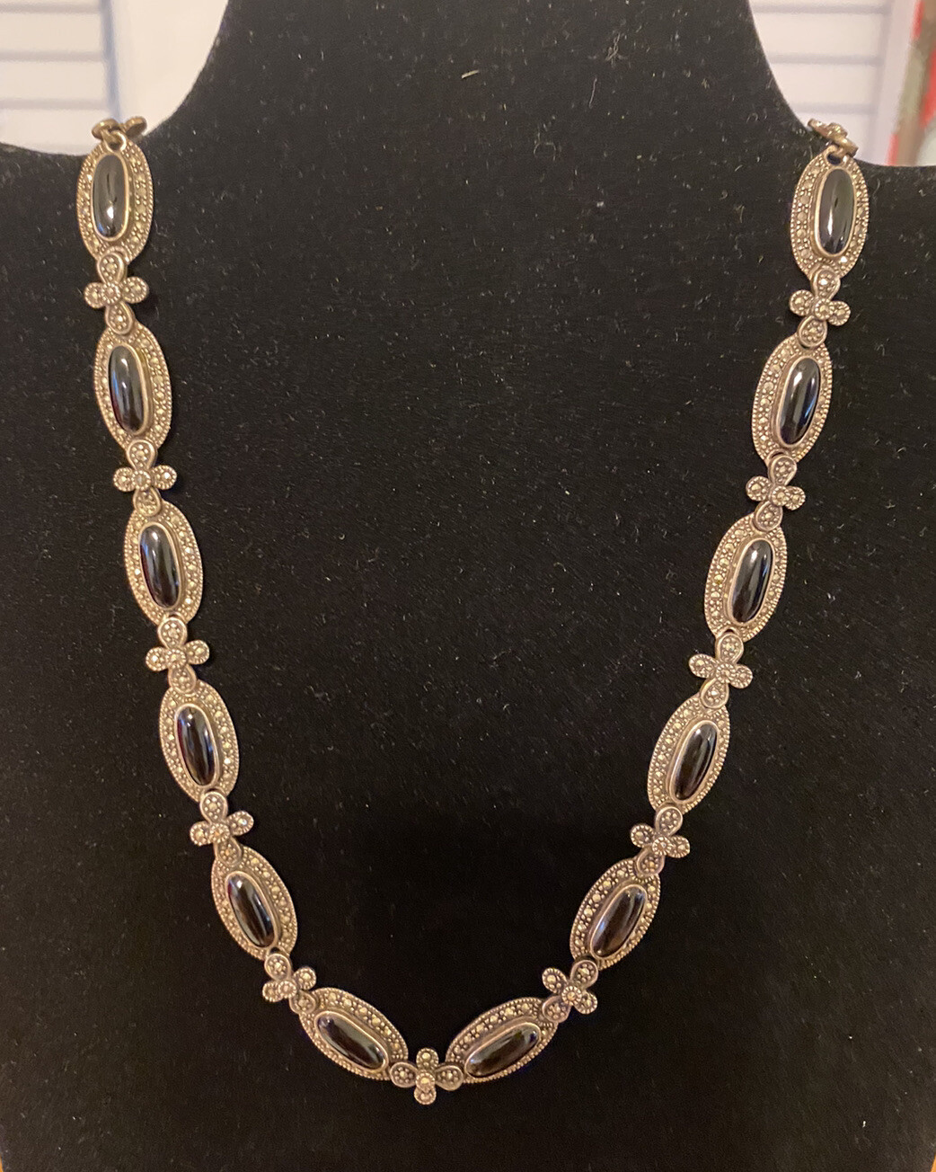 ANTIQUE/VINTAGE 925 STERLING SILVER, ONYX & MARCASITE CHOKER STYLE ...