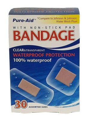 Pure-Aid Waterproof Transparent Bandages, Compare to Band-Aid, 30ct | eBay