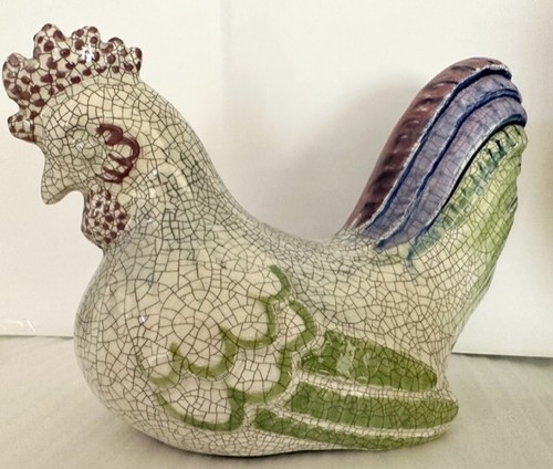 Ceramic Farm Chicken Hen Table Top Décor Crackle Glaze Green Blue Cream ...