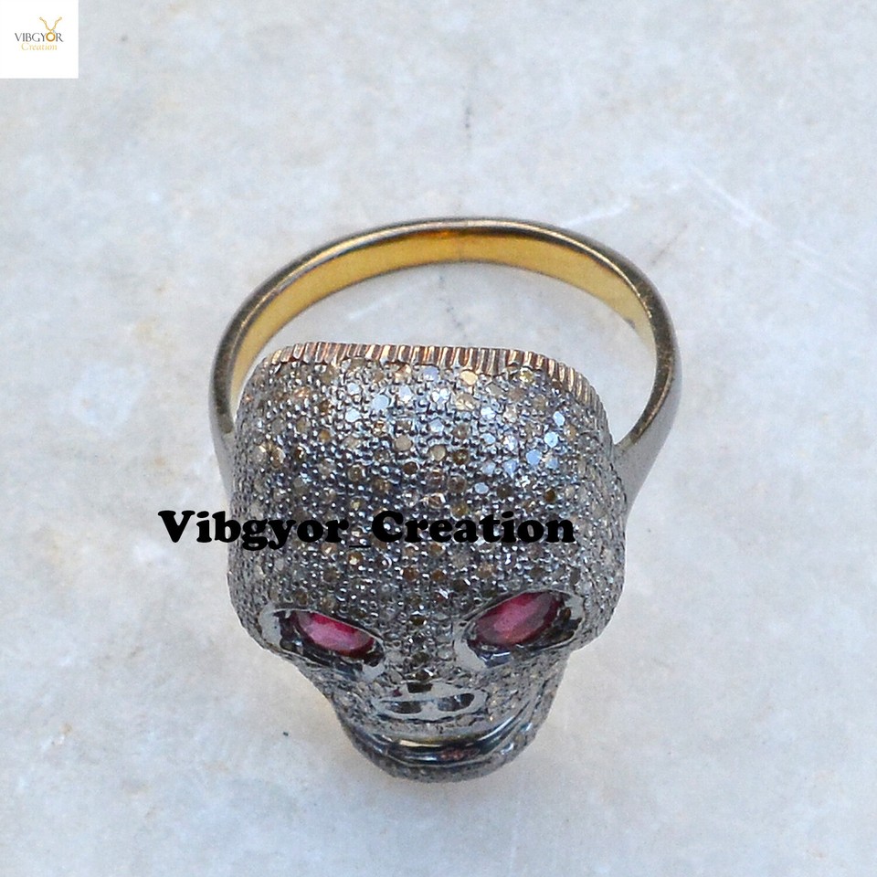 Pave Diamonds Skull Ring Ruby Eyes Unisex Ring 925 Solid Silver ...