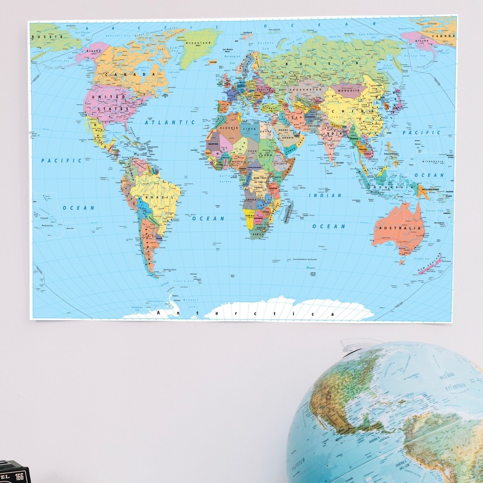 World Map Poster Laminated Educational School Wall Art Deatiled Map ...