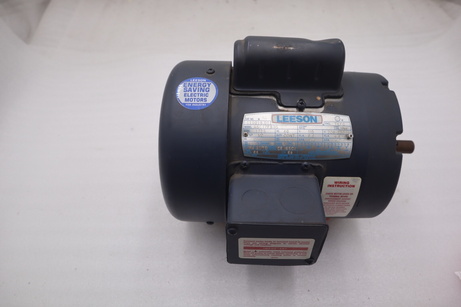 LEESON Model A6c17fb3 Cat No. 110016-00 Motor 1/2 HP 208-230v 1 Phase ...