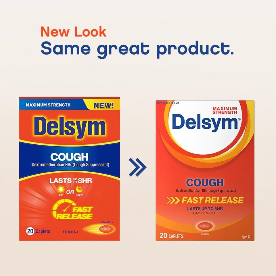 Maximum Strength Delsym Cough Suppressant Fast Release Caplets Lasts up ...