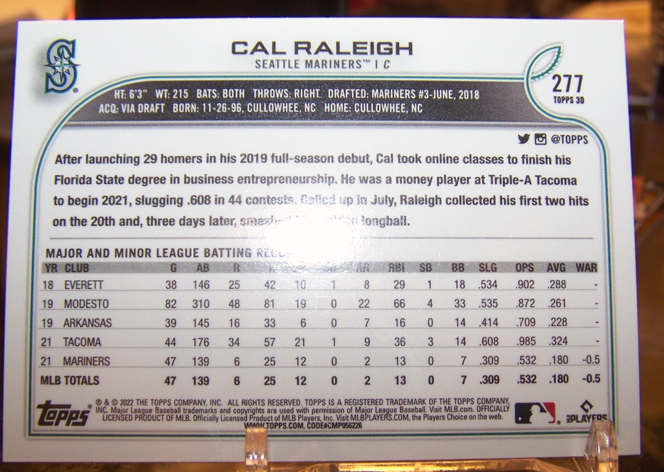 CAL RALEIGH (2) CARD ROOKIE LOT ~ 2022 TOPPS CHROME BLACK & TOPPS 3D ...