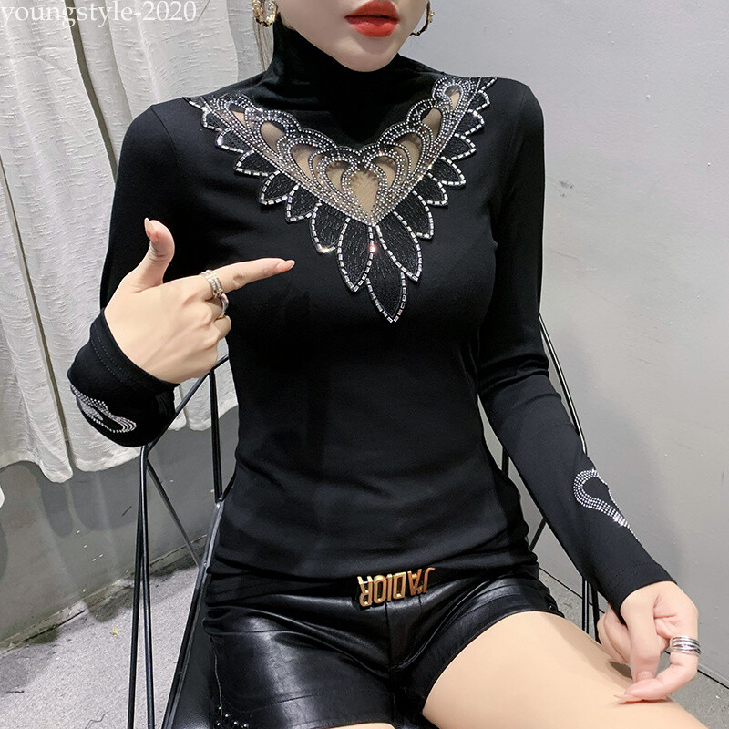 Women Sexy Rhinestone Mesh Sheer Mock Neck Party Club Slim Tops ...