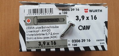 Art. 02063916 Würth Zebra Pias Bohrschraube Flachkopf Schrauben 3,9x16 ...