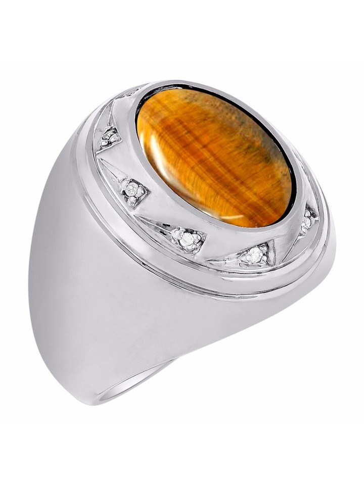 Mens Tiger Eye & Diamond Ring Sterling Silver orYellow Gold Plated ...