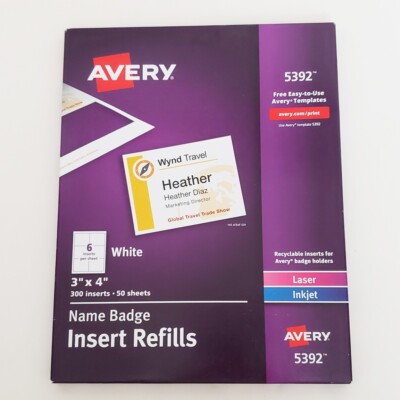 New Avery 5392 Name Tag Insert 3 x 4 ID Card Refills White 300 + Bonus ...