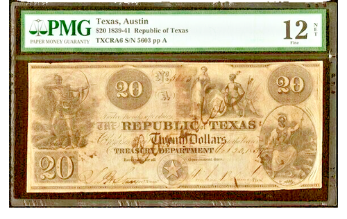 1839 $20 REPUBLIC OF TEXAS NOTE CURRENCY CR-TX-A6 PMG FINE F 12 | eBay