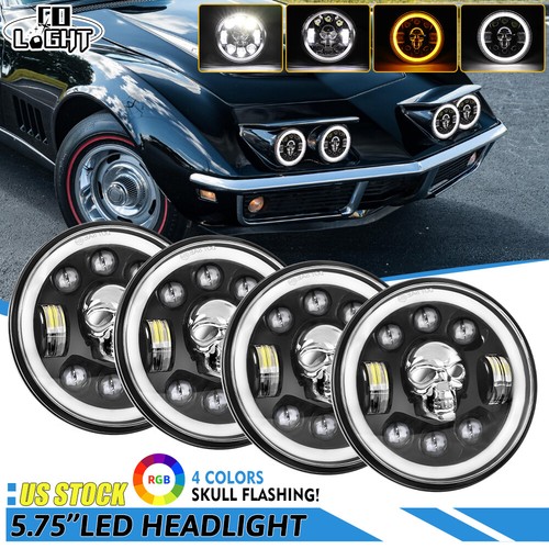 4PCS RGB Skull 5 3/4 5.75" LED Headlights Hi/Lo Lamp For Chevy Corvette ...