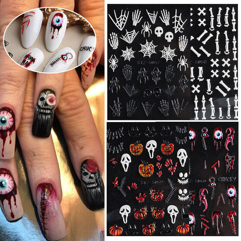 Nail Art Sticker Halloween Eye Blood Skull Skeleton Pumpkin 5D Embossed ...