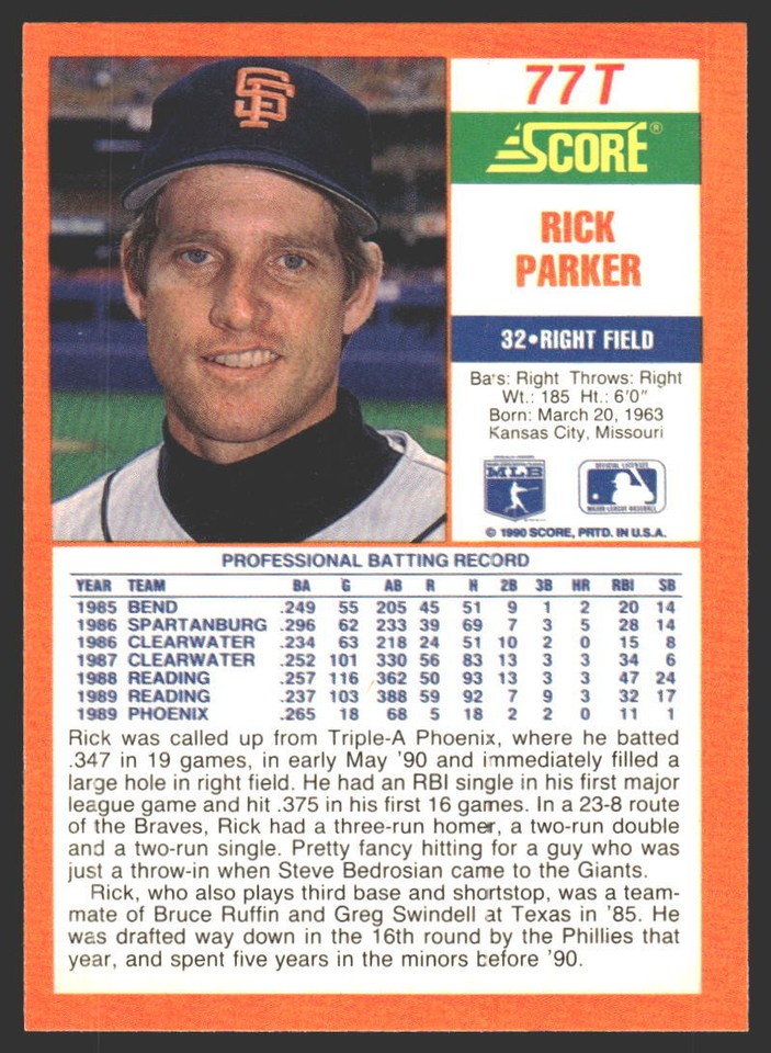 Rick Parker #77T 1990 Score Rookie & Traded San Francisco Giants | eBay