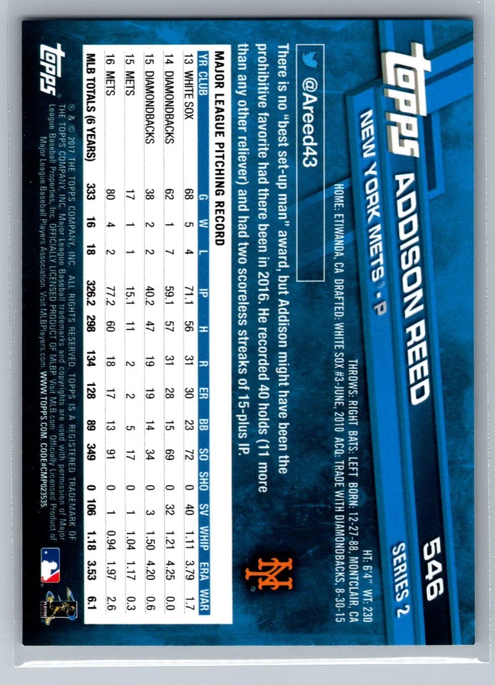 2017 Topps Baseball #546 Addison Reed New York Mets | eBay