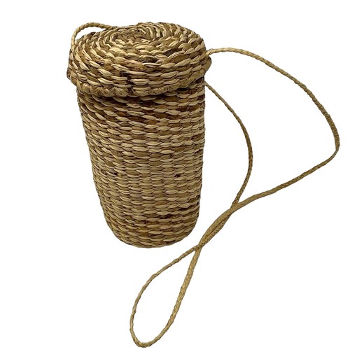 Basket weaved straw cylinder crossbody purse with lid small natural ...