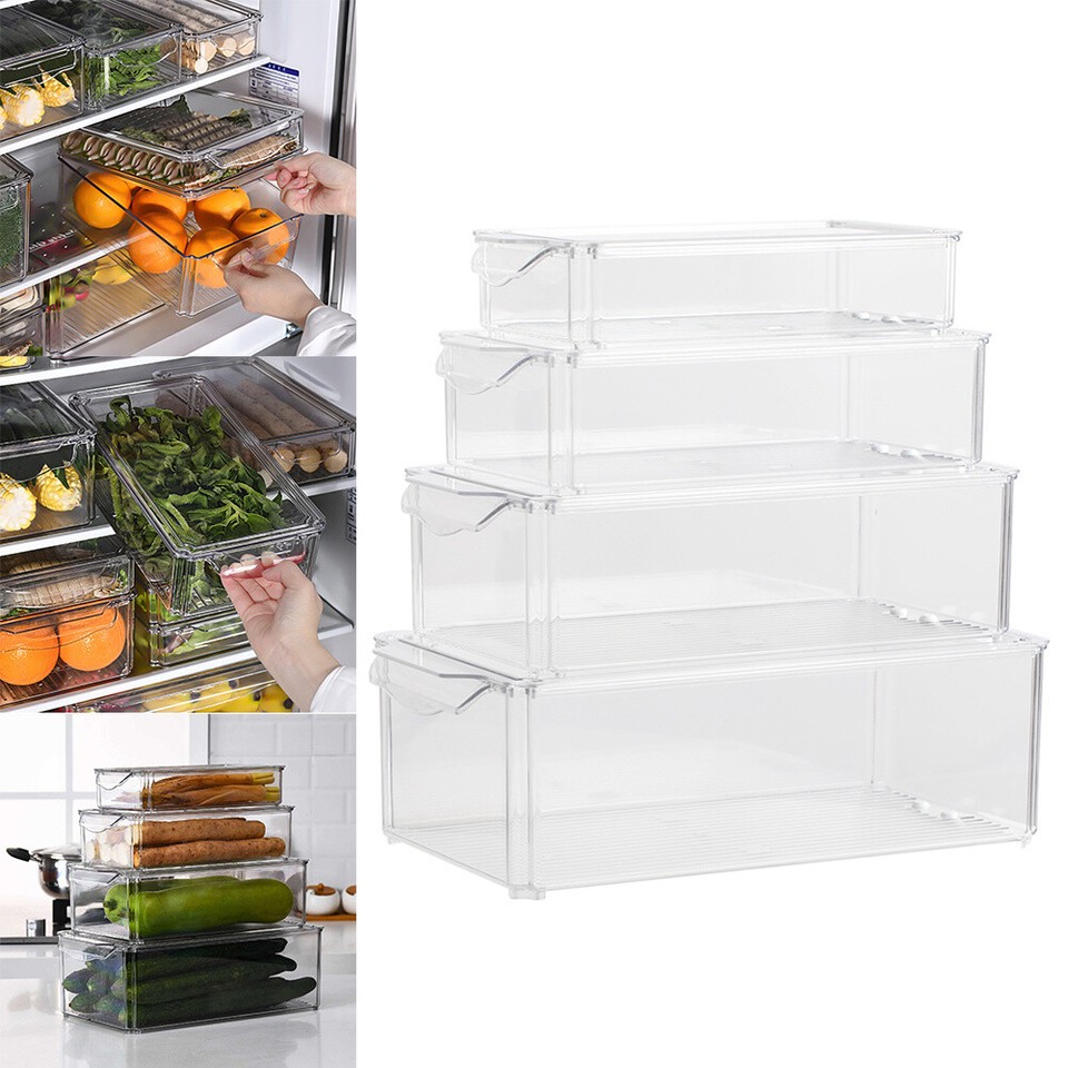 Kitchen Organiser Fridge Box Holder Food Veg Storage Clear With Lid Set ...