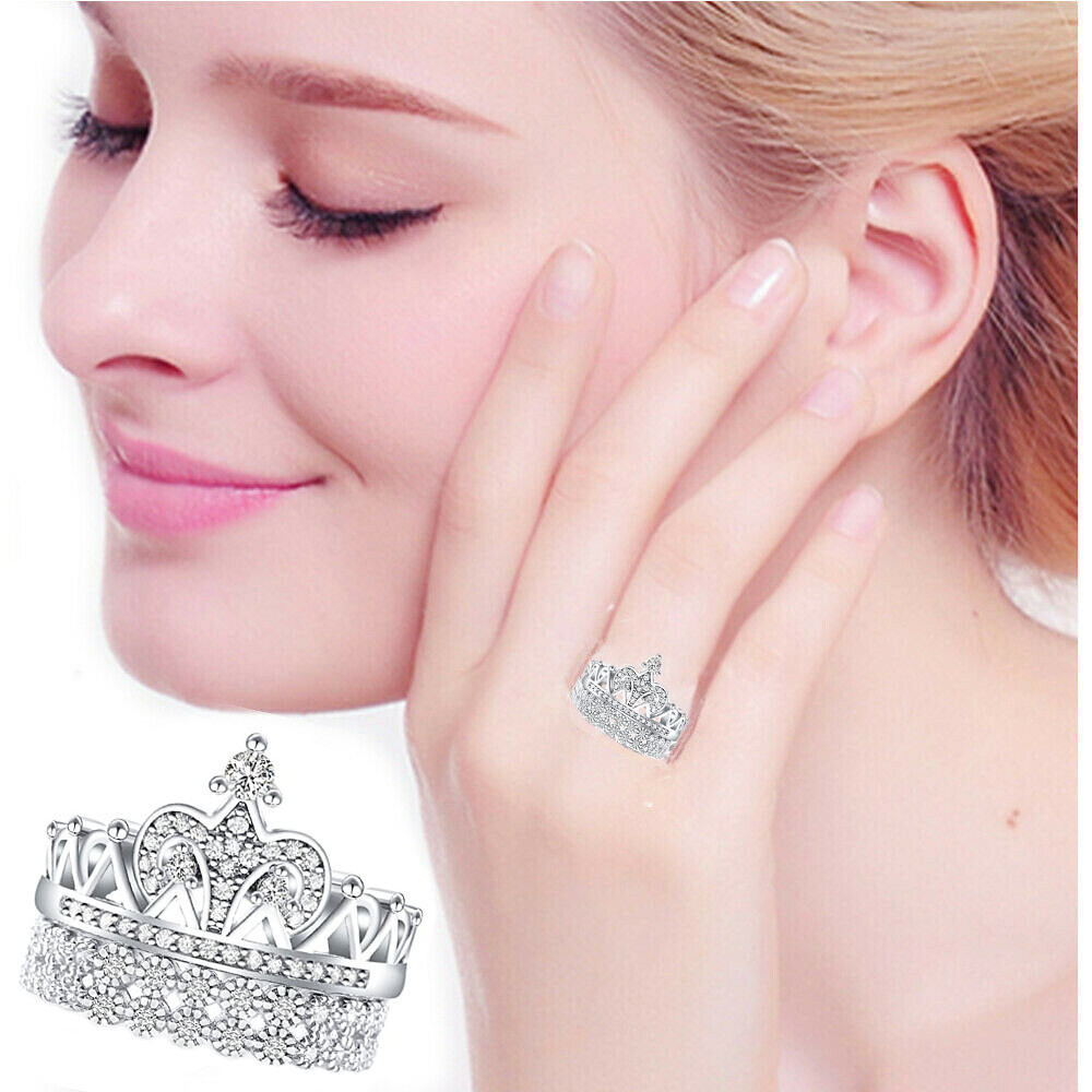 Silver crown ring Real 925 sterling tiara queen Women's Weddings ...